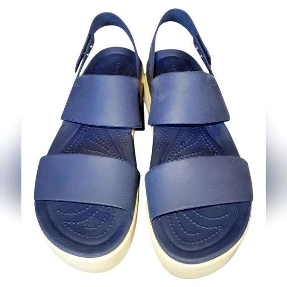 CROCS | Shoes | Crocs Brooklyn Studded Low Wedge Navy Blue Sandals Sz W ...